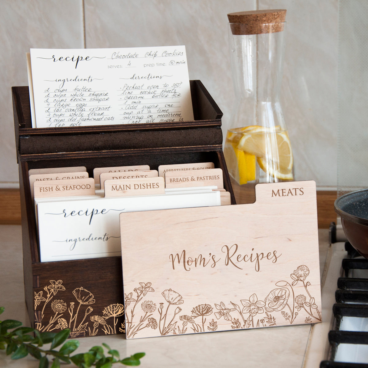 Personalized Recipe Box with Wooden Dividers - Wood Kitchen Decor - Gi